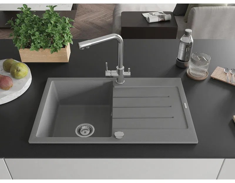 Mexen Bruno, 1-komorový granitový dřez s odkapávačem 795x495x200 mm a chromová baterie Duero, šedá, 6513-71-671600-00