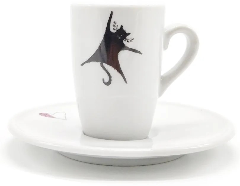 Porcelánový espresso šálek Visící kočka s podšálkem, 130 ml – černobílý, s růžovými srdíčky