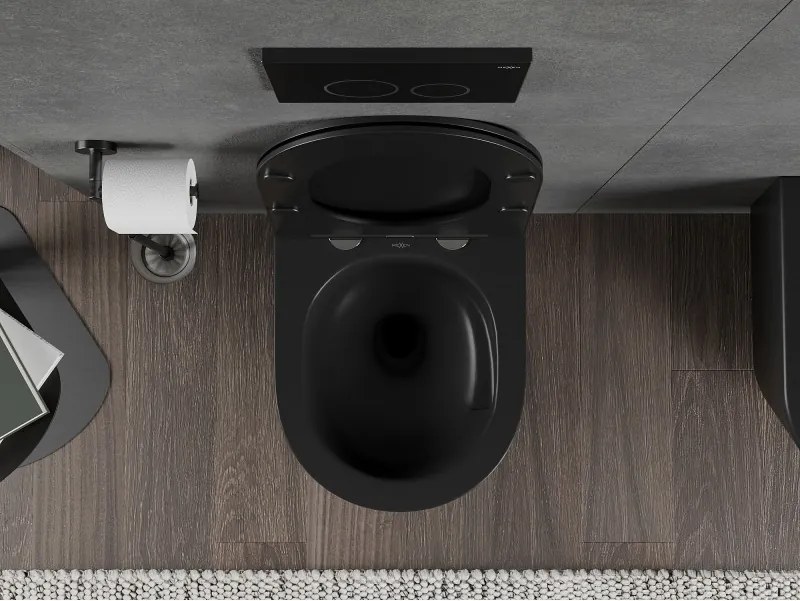 Mexen Rico, závěsná WC mísa 490x360x370 mm, Rimless Tornádo + WC sedátko z duroplastu, černá matná, 30721085T