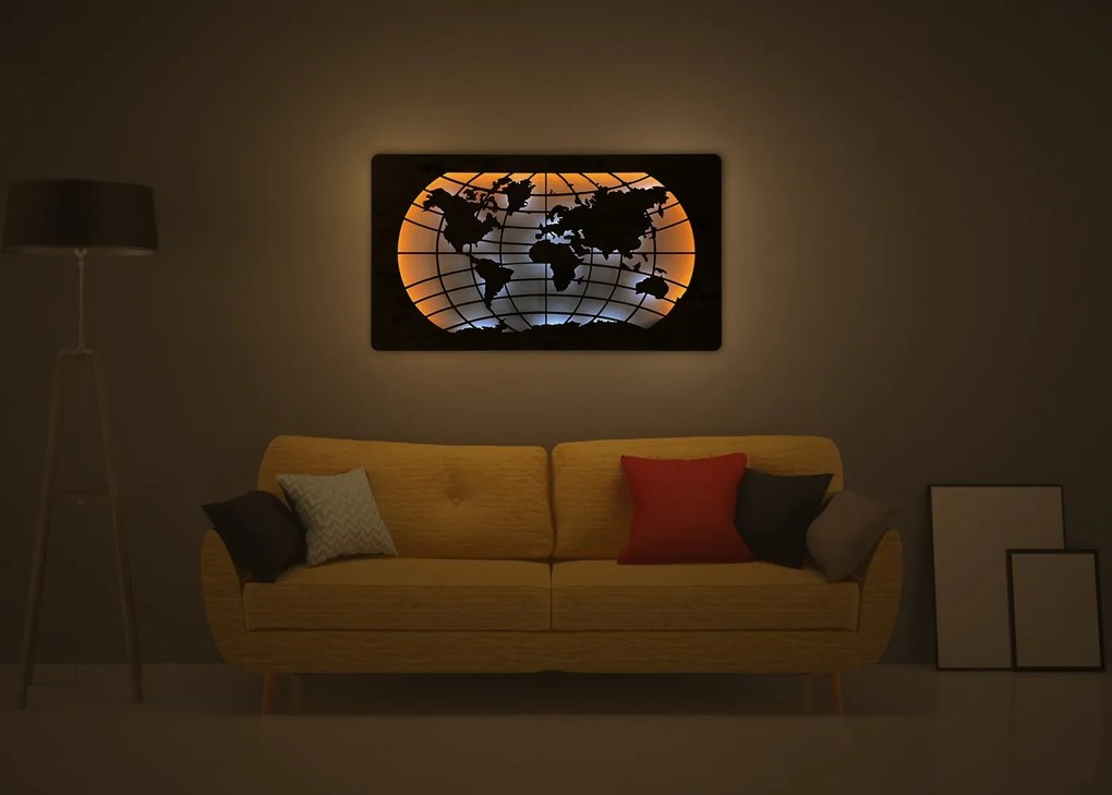 Li-Go "Mapa světa rovnoběžky" světelný obraz 230V 110x60 cm provedení povrchu: dub světlý