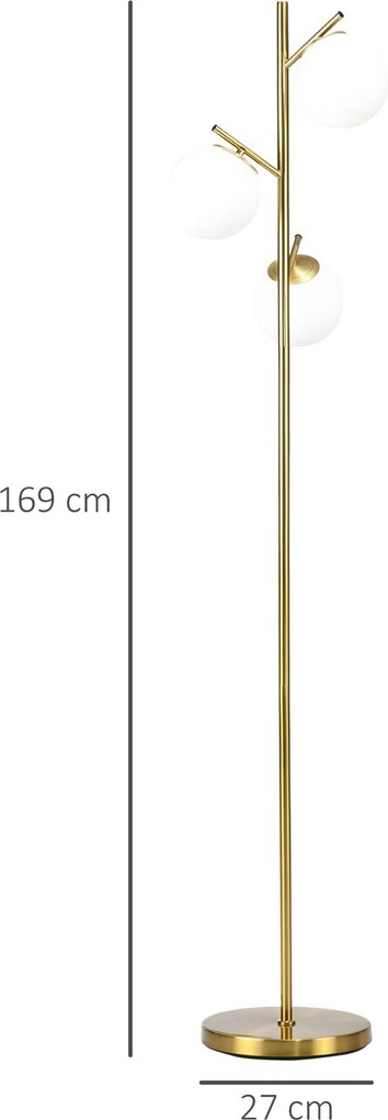 HOMCOM Stojací lampa v retro designu, stojací lampa, stojací lampa s 3 stínidly, sklo, zlatá