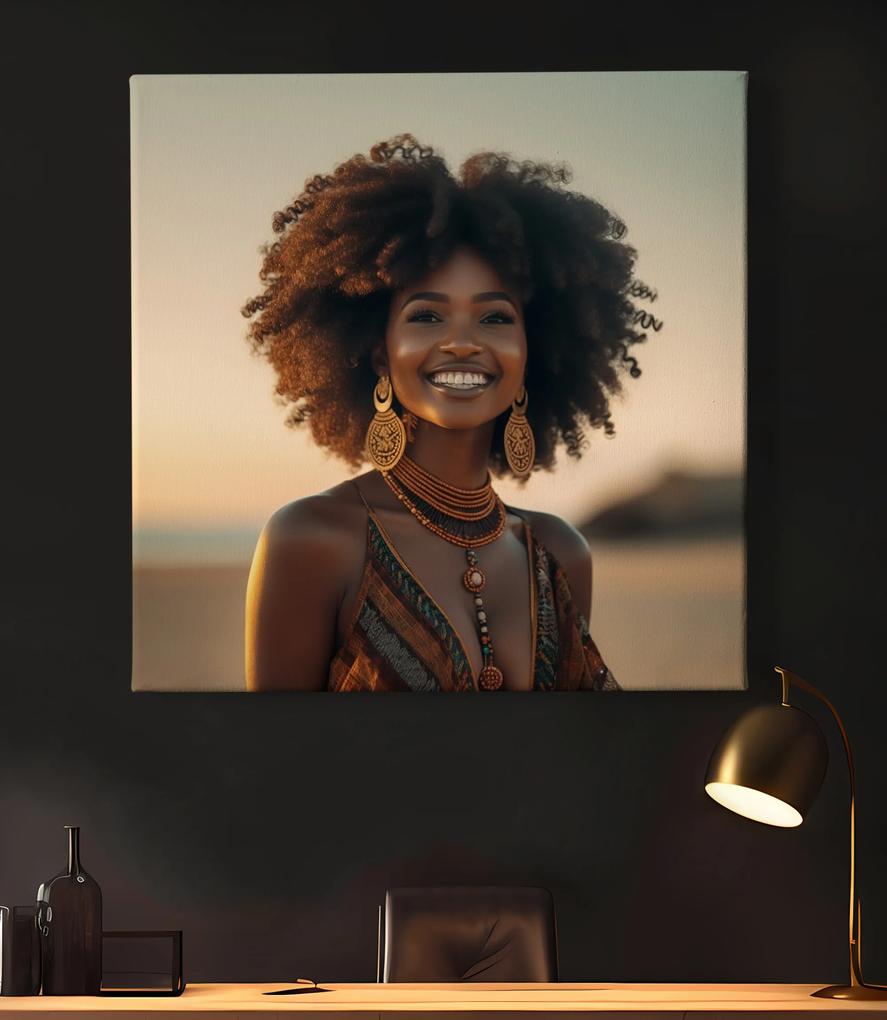 Obraz na plátně - Africká žena Chipo s afrem na pláži FeelHappy.cz Velikost obrazu: 100 x 100 cm
