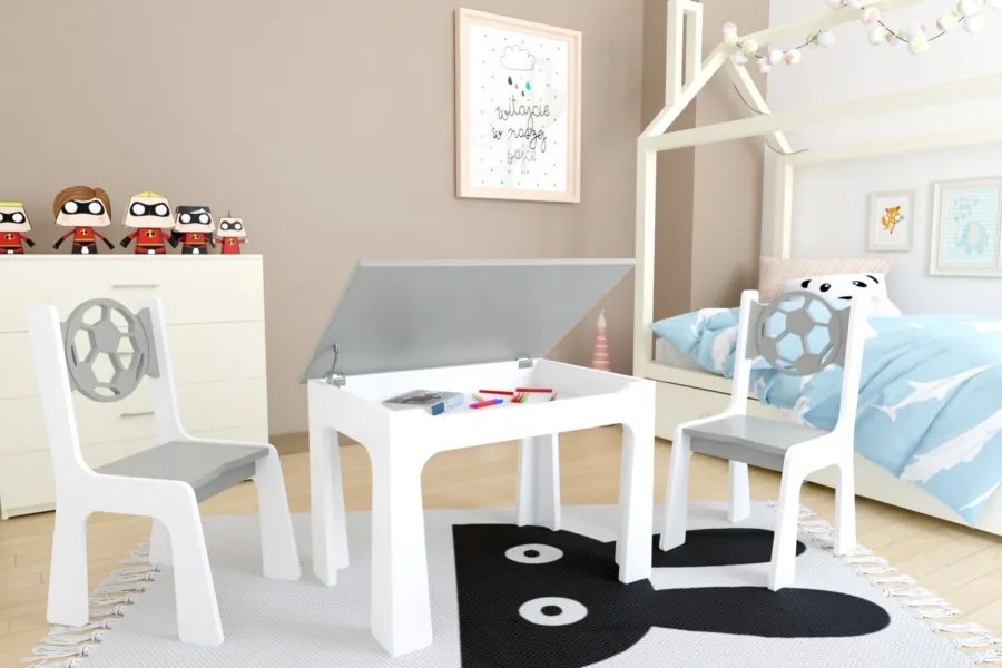 Set dětský stůl s úložným prostorem se židličkou míč šedo-bílý