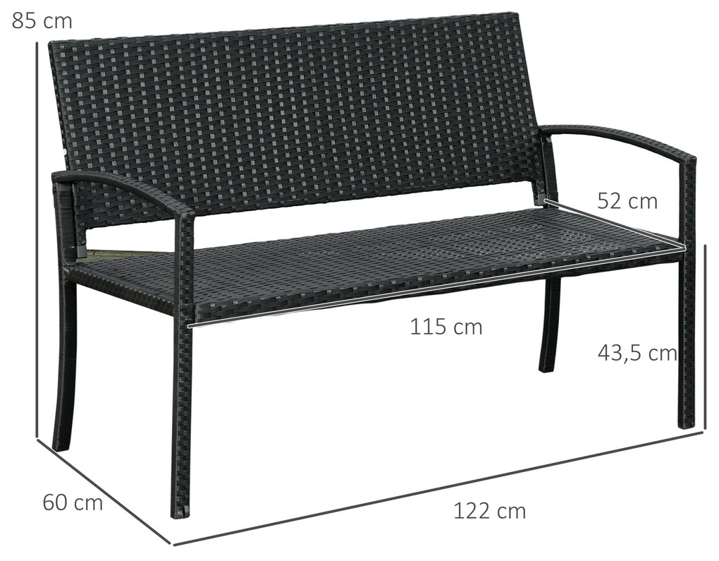 Outsunny polyratanová zahradní lavička 2místná lavička s ocelovým rámem a proutím černá Š122 x H60 x V87cm pro zahradu a terasu