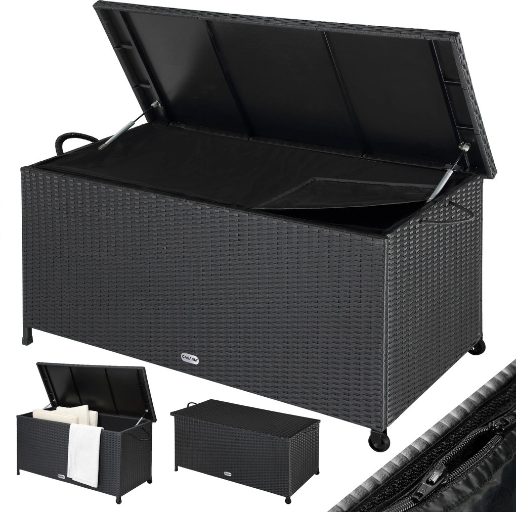Zahradní úložný box umělý ratan černý 117x53x60cm s madla & kolečka