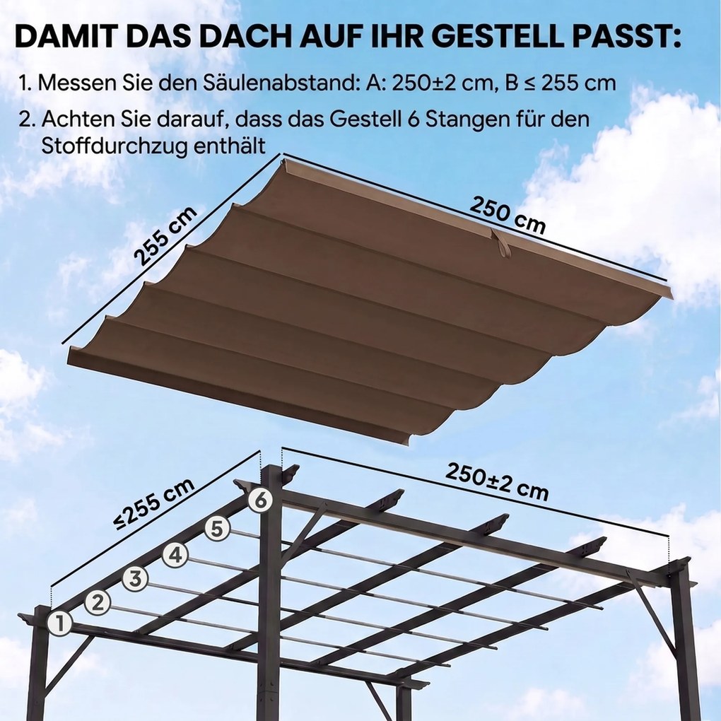 Náhradní střecha pro pergolu 3 x 3 m, zatahovací, s otvory pro odvod dešťové vody, odolná proti povětrnostním vlivům, polyester, 250 x 255 cm Káva