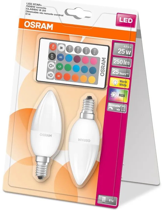 LED žárovka OSRAM E14,4,5W B40 barevná 250lm 2ks + dálkový ovladač