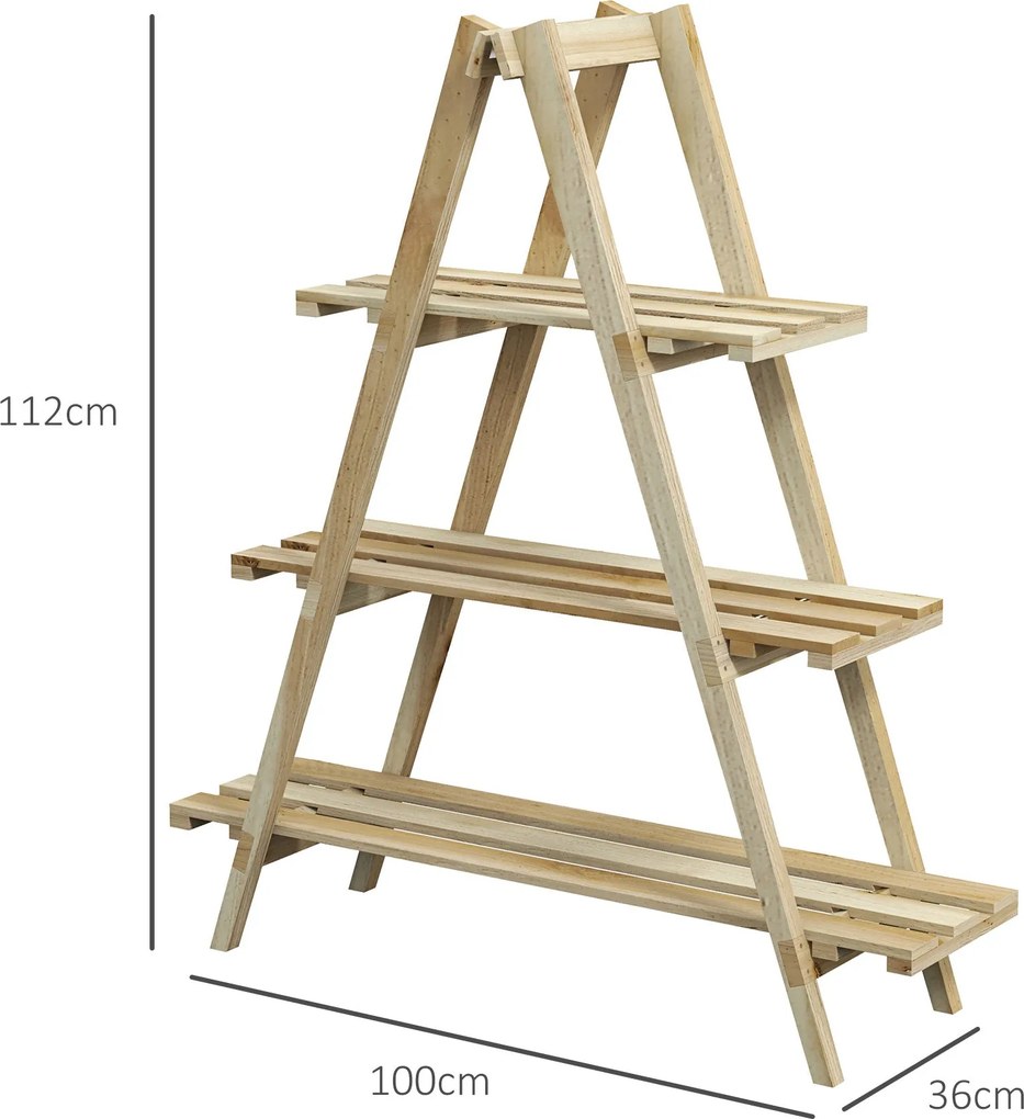 Outsunny Pyramidový skládací dřevěný květinový stojan - Dřevěný stojan na rostliny se 3 policemi - Rozměry 100D x 36Š x 112V cm - Světlé masivní smrk