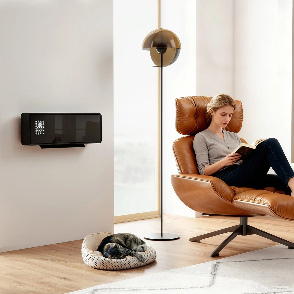 HOMCOM Nástěnný keramický elektrický ohřívač 2000 W, ventilátor, termostat, časovač, dálkové ovládání, skleněný panel, černý