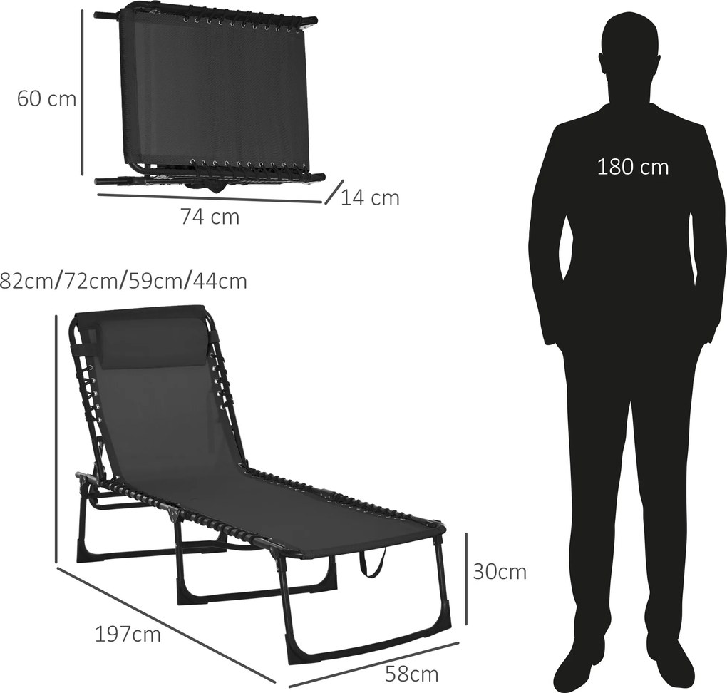 Skládací zahradní lehátko Outsunny Skládací lehátko se čtyřstupňovým nastavitelným opěradlem, ocel a síťovina, černé 197 x 58 x 30 cm |