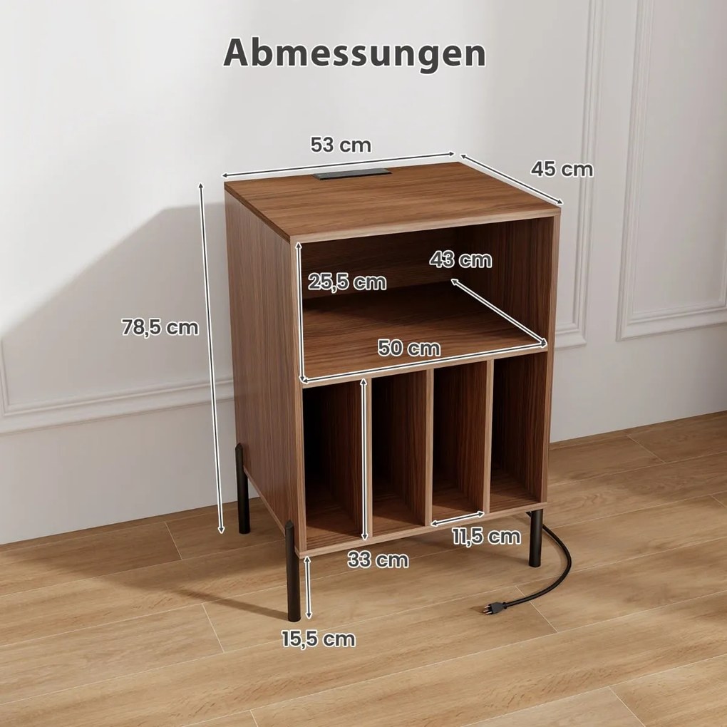 Costway Stolek na gramofon s nabíjením a přihrádkami, hnědý