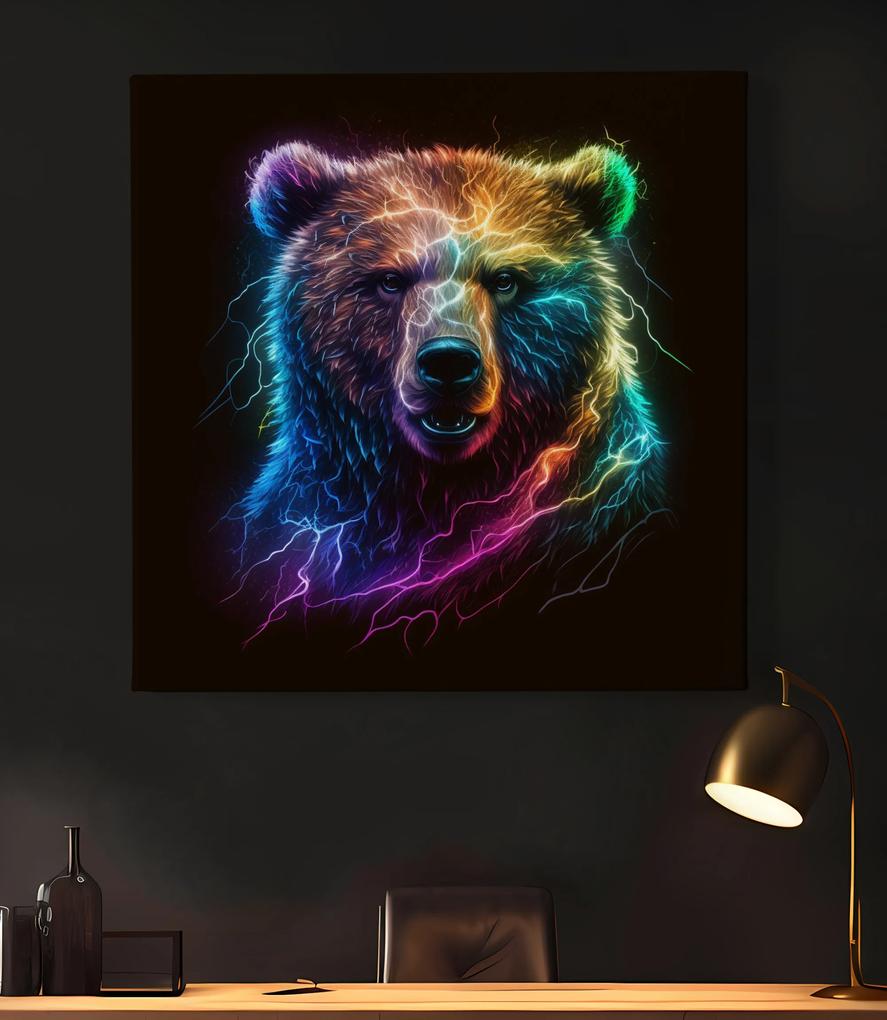 Obraz na plátně - Barevný medvěd s blesky, hlava FeelHappy.cz Velikost obrazu: 80 x 80 cm