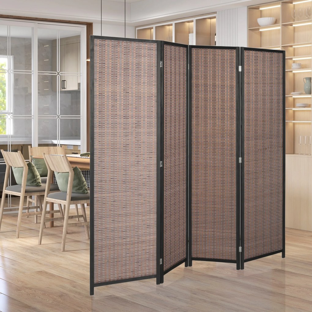 HOMCOM Dřevěný 4-panelový Předěl do Interiéru 180 x 180 cm Skládací Izolační Příčka pro Obývací Pokoj a Ložnici, Hnědá