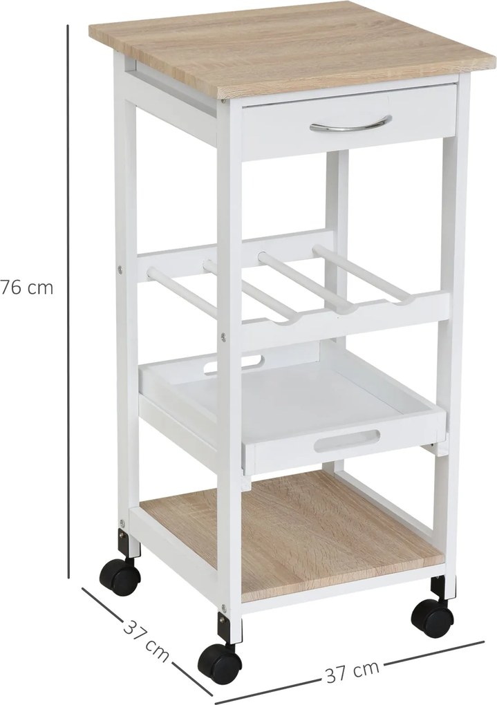 HOMCOM Kuchyňský vozík 4-patrový s kolečky a zásuvkami, regály a stojanem na víno pro kuchyň, obývací pokoj nebo jídelnu 37x37x76 cm Bílý