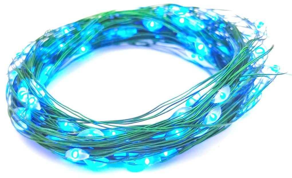 Vánoční mikro řetěz, modrá, 10m, 100 LED, zelený kabel, na baterie