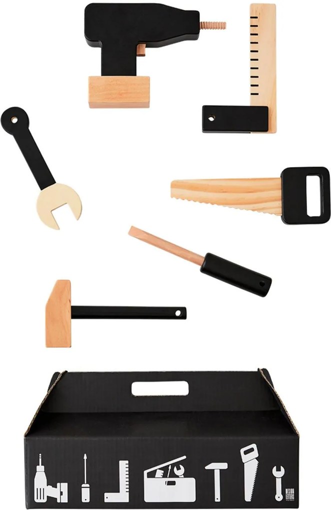 DESIGN LETTERS Set dětského nářadí Tool School, černá barva, hnědá barva, dřevo