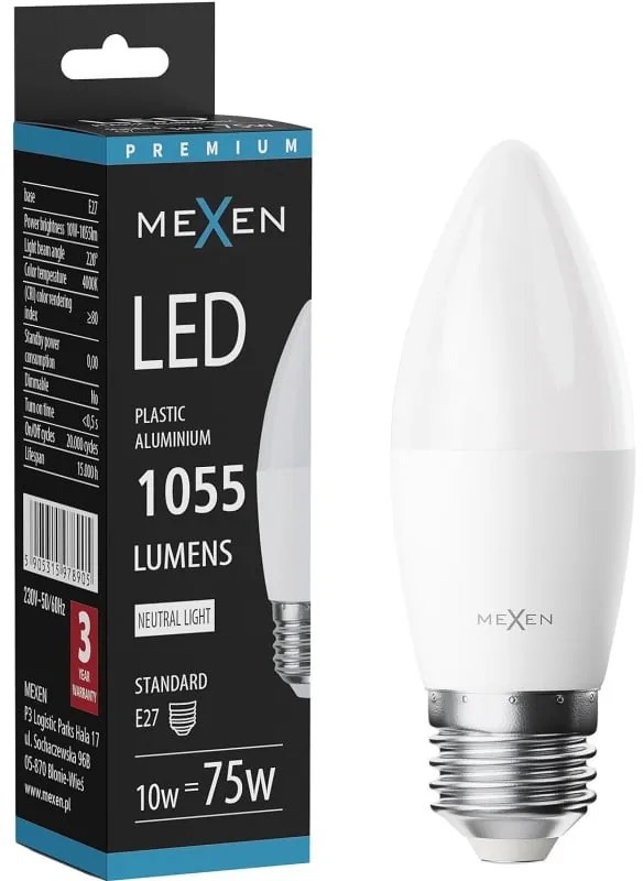 Mexen Nova, LED žárovka E27, C37, 10W, Neutrální - 4000K, 1055 lm - L102-E27-1040-01