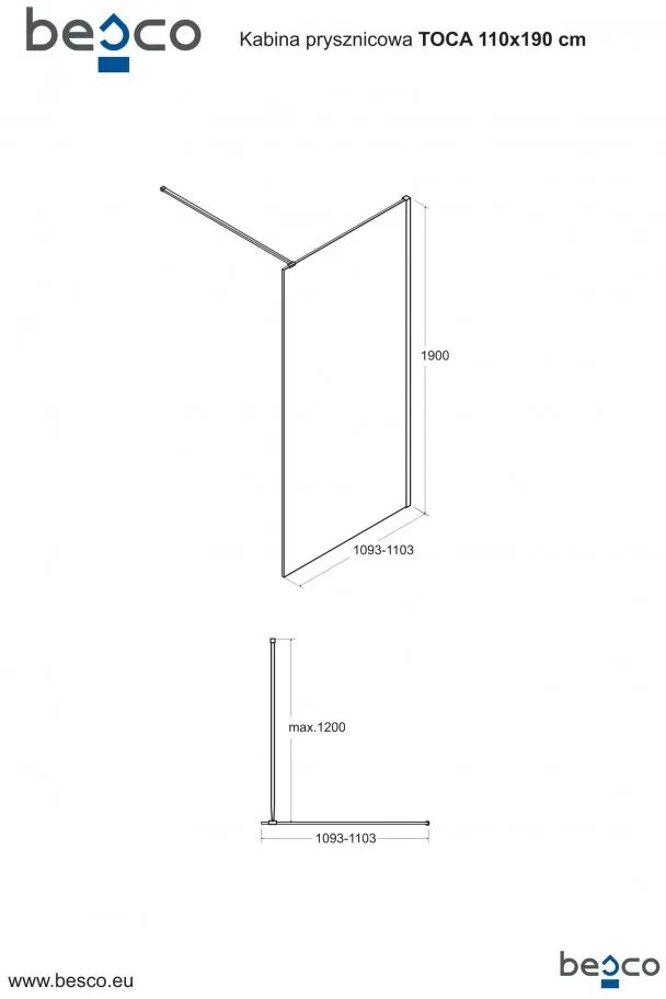 BESCO Walk-in sprchový kout TOCA BARVA rámu - Černá, Rozměr A - 110 cm, Rozměr C - 190 cm, Směr zavírání - Univerzální Levé / Pravé, Výplň - Čiré bezpečnostní sklo - 8 mm BCTOCA11