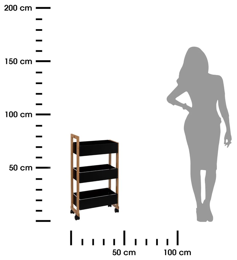Polička do koupelny na kolečkách Natureo, černá/s dřevěnými prvky