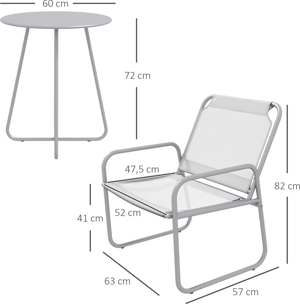3dílná sada zahradního nábytku, 2 židle s prodyšným látkovým potahem, 1 kulatý stůl Ø60 cm, světle šedá barva