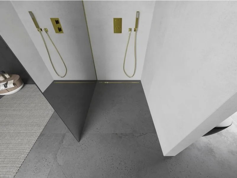 Mexen Kioto, sprchová zástěna Walk-In 140 x 200 cm, 8mm sklo vzor zrcadlo, zlatý matný profil, 800-140-101-55-50