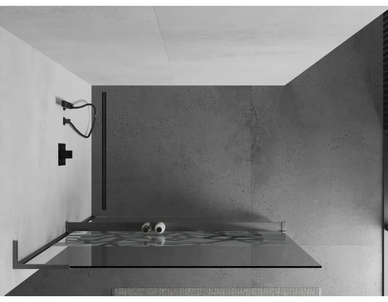 Mexen Kioto+ L, sprchová zástěna Walk-In s poličkou a věšákem 120 x 200 cm, 8mm čiré sklo bílý vzor, grafitový profil, 800-120-123-66-85