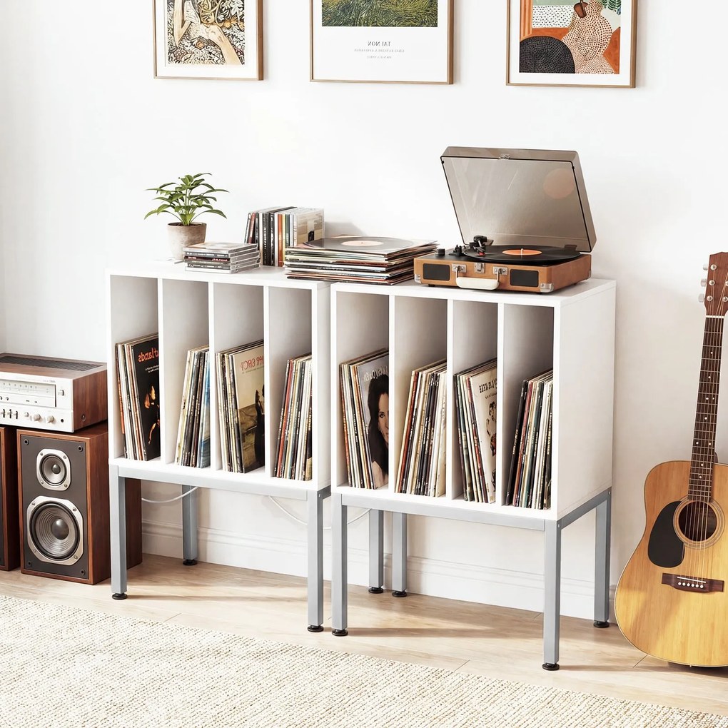 Costway Stolek na gramofon s nabíjecí stanicí a přihrádkami, bílý