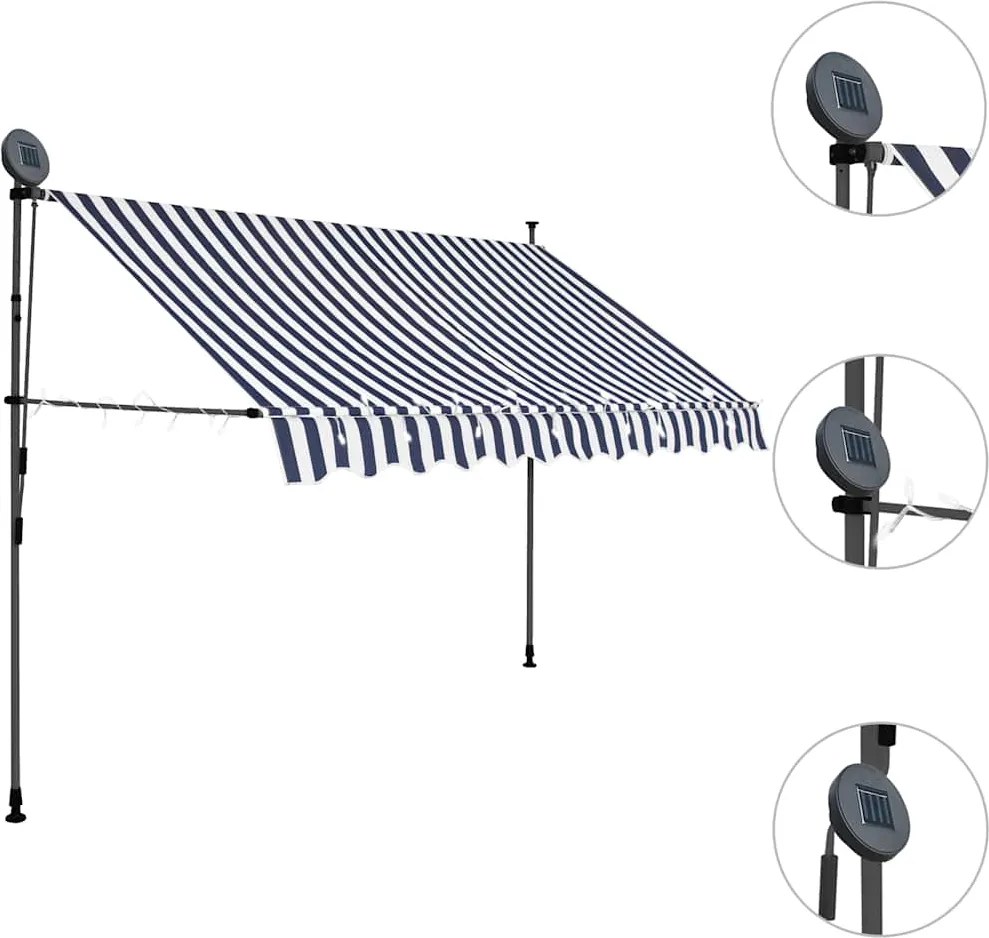 Ručně zatahovací markýza s LED světlem 300 cm modrobílá 145845