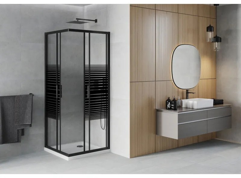 Mexen Rio, čtvercový sprchový kout 80(dveře)x80(dveře)x190 cm, 5mm čiré sklo-vzor pásky, černý profil + bílá sprchová vanička SLIM, 860-080-080-70-20-4010B