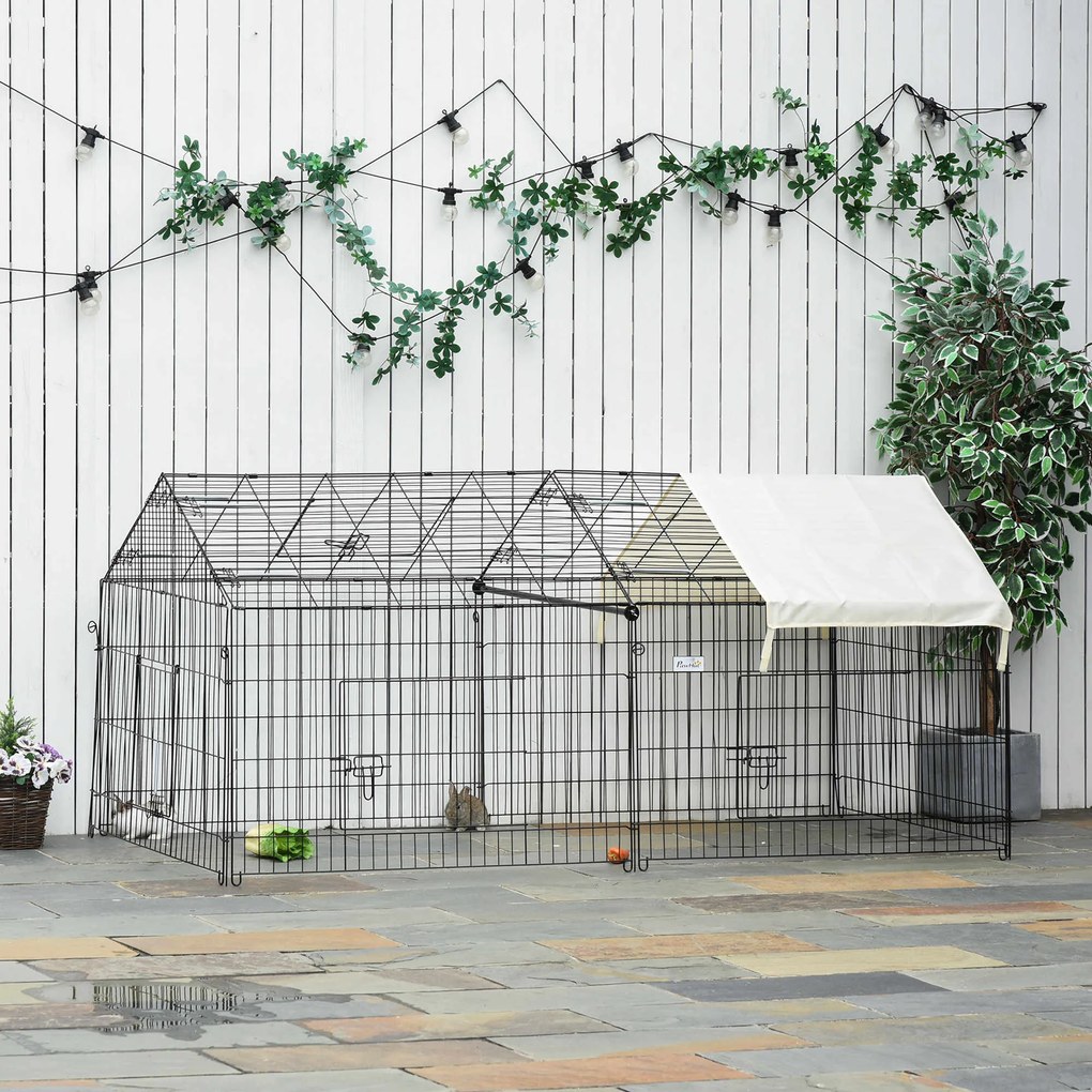 Venkovní výběh PawHut s ochranou proti slunci pro malá zvířata 220 x 103 cm, kovová králíkárna v béžové a černé barvě