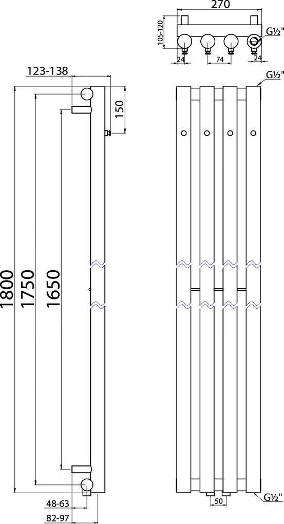 Sapho Pilon otopné těleso 270 x 1800 mm se čtyřmi háčky pro ručník chrom IZ120T
