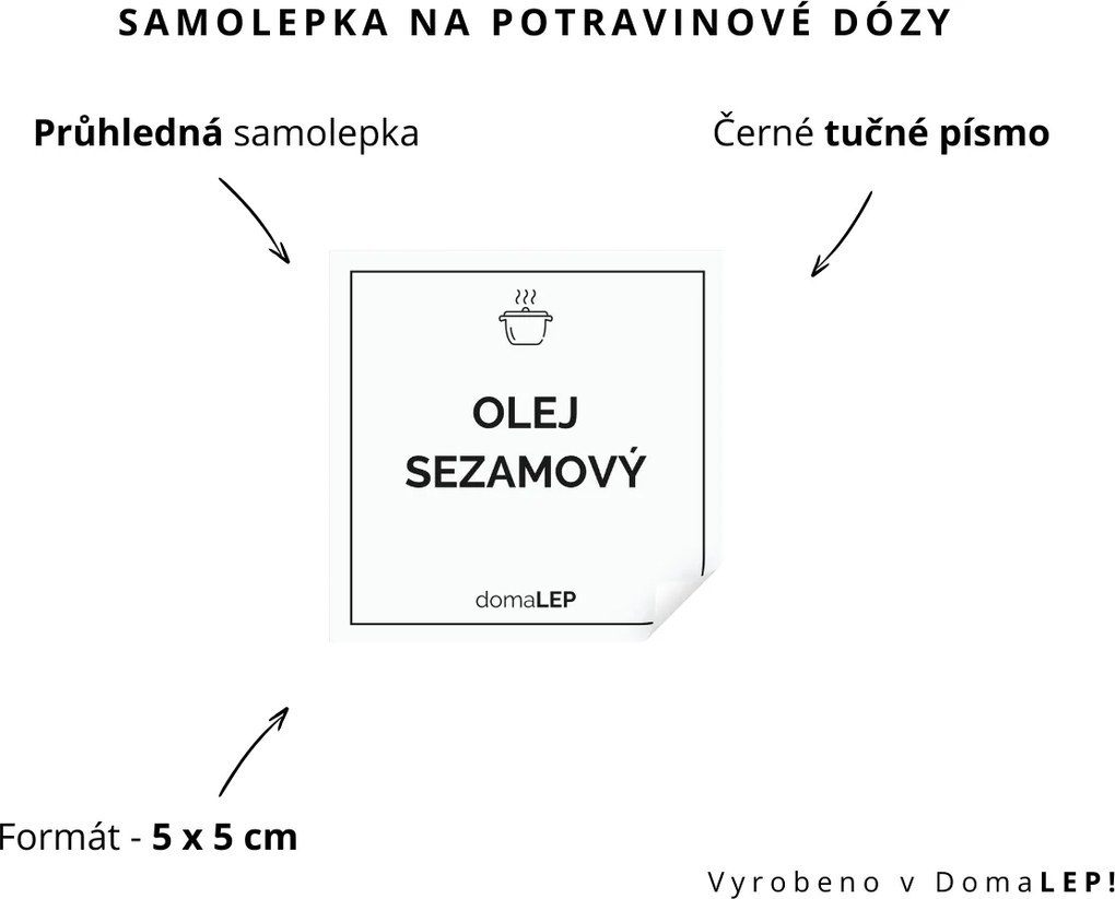 OLEJ SEZAMOVÝ - omyvatelná samolepka na dózu, výběr rozměrů Ø 5 cm / 5 x 5 cm / 6 x 8 cm | DomaLEP tvar: OBDÉLNÍK, barva: PRŮHLEDNÁ - ČERNÉ písmo, velikost: š. 6 cm x v. 8 cm - tučné písmo