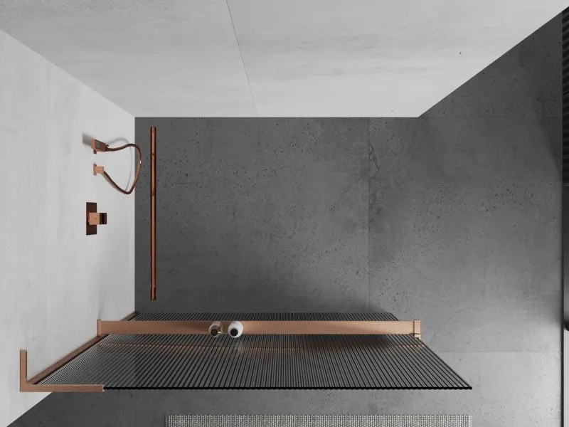 Mexen Kioto+ L, sprchová zástěna Walk-In s poličkou a věšákem 110 x 200 cm, 8mm sklo s žebrovým vzorem, měděný matný profil, 800-110-123-65-09