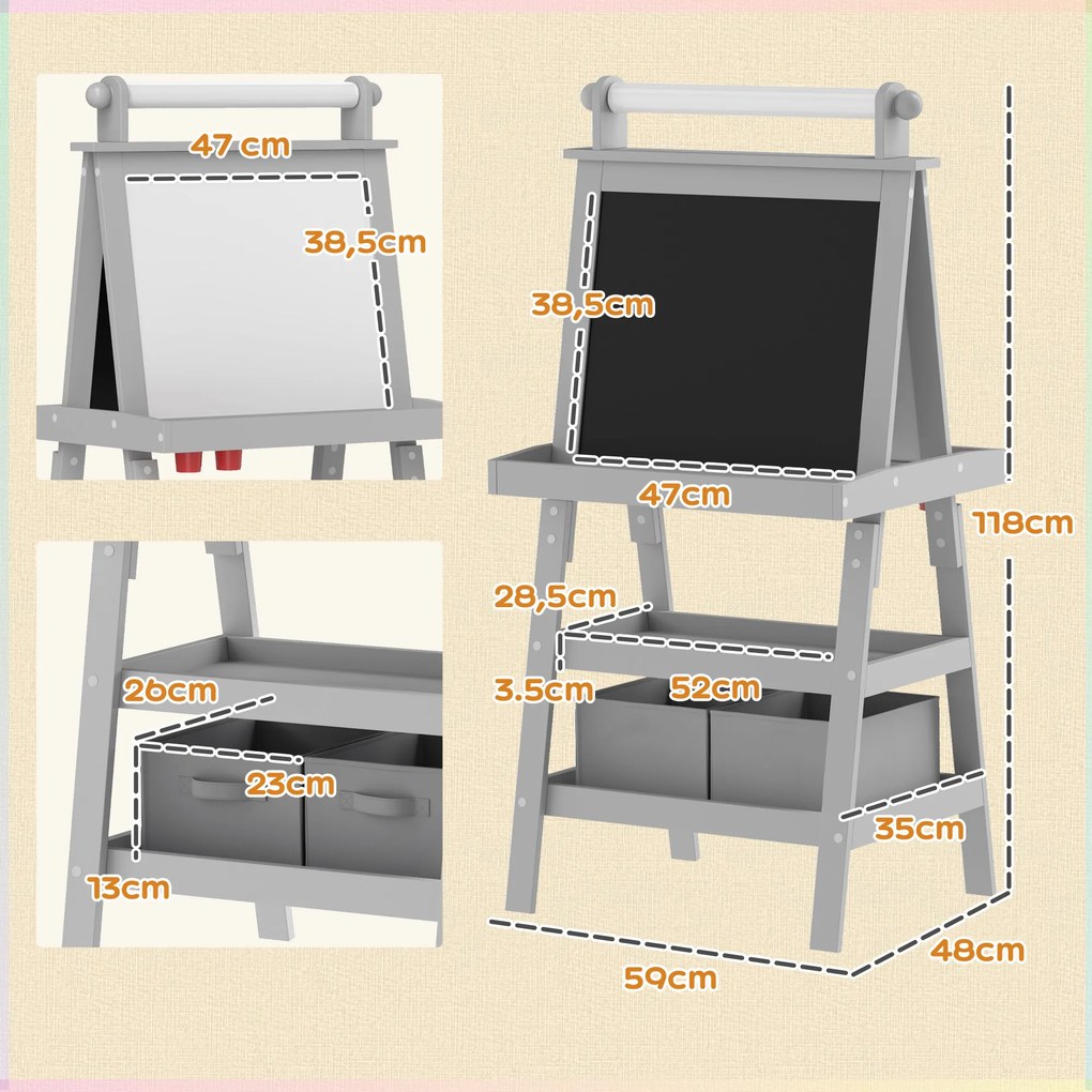AIYAPLAY AIYPLAY Dětský malířský stojan 3 v 1 - Magnetická oboustranná dětská tabule s papírovým válečkem a úložnými košíky 59x48x118 cm Šedá
