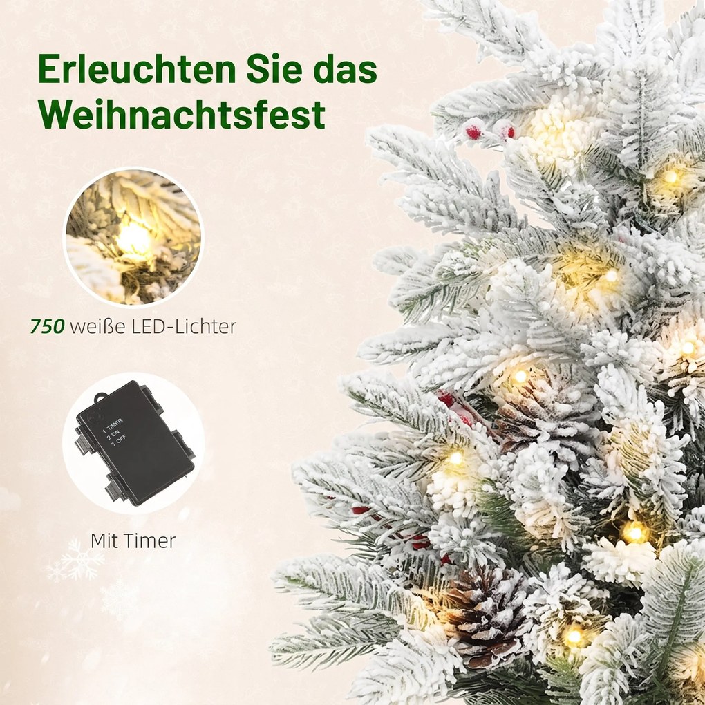 HOMCOM Mini vánoční stromek 60 cm s 35 LED světly, efekt sněhu, mini stolní stromek s šiškami, umělý vánoční stromek pro vánoční dekoraci, bílý