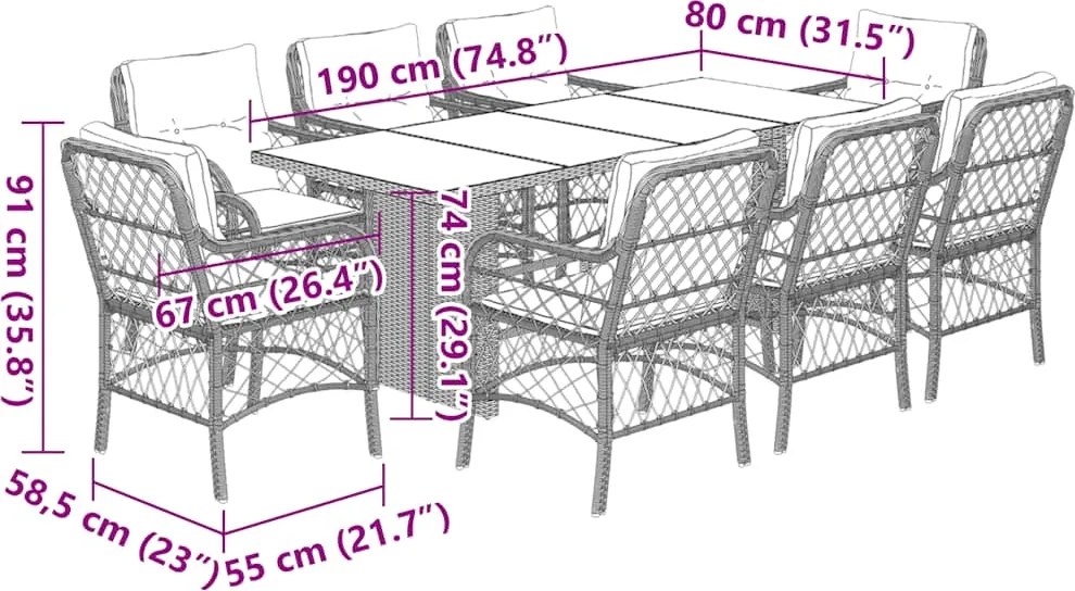 9dílný zahradní jídelní set s poduškami světle šedý polyratan 3212067