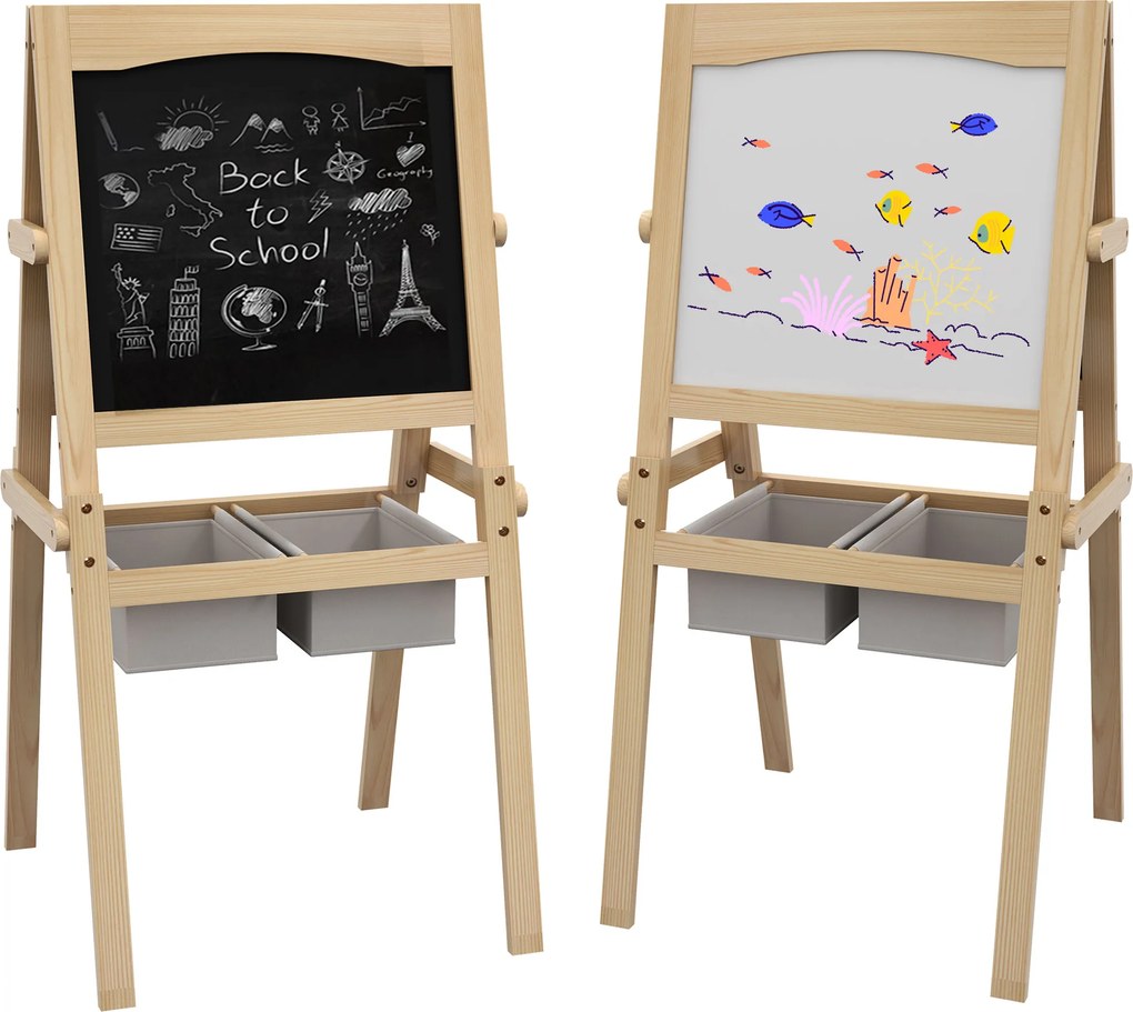 Dětský easel AIYAPLAY 3 v 1 s oboustrannou tabulí, dřevěný easel pro kreslení s papírovým válcem a 2 košíky 58x50,5x109 cm přírodní