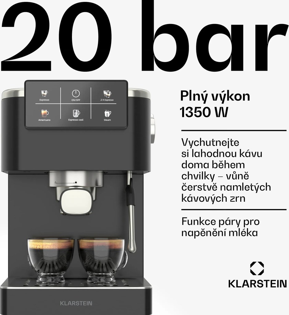 Klarstein SteelPresso kávovar s portafiltrem, Dotykový displej, 20 bar, nerezová ocel