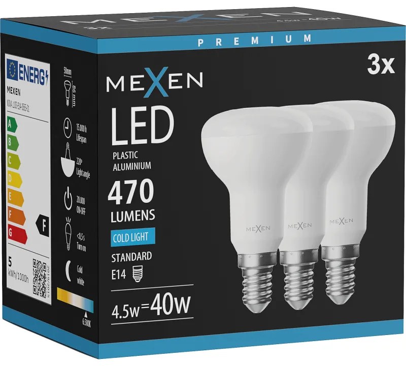 Mexen Nova 3x LED žárovka E14, R50, 4,5W, Studená - 6500K, 470 lm - L103-E14-0565-01x03