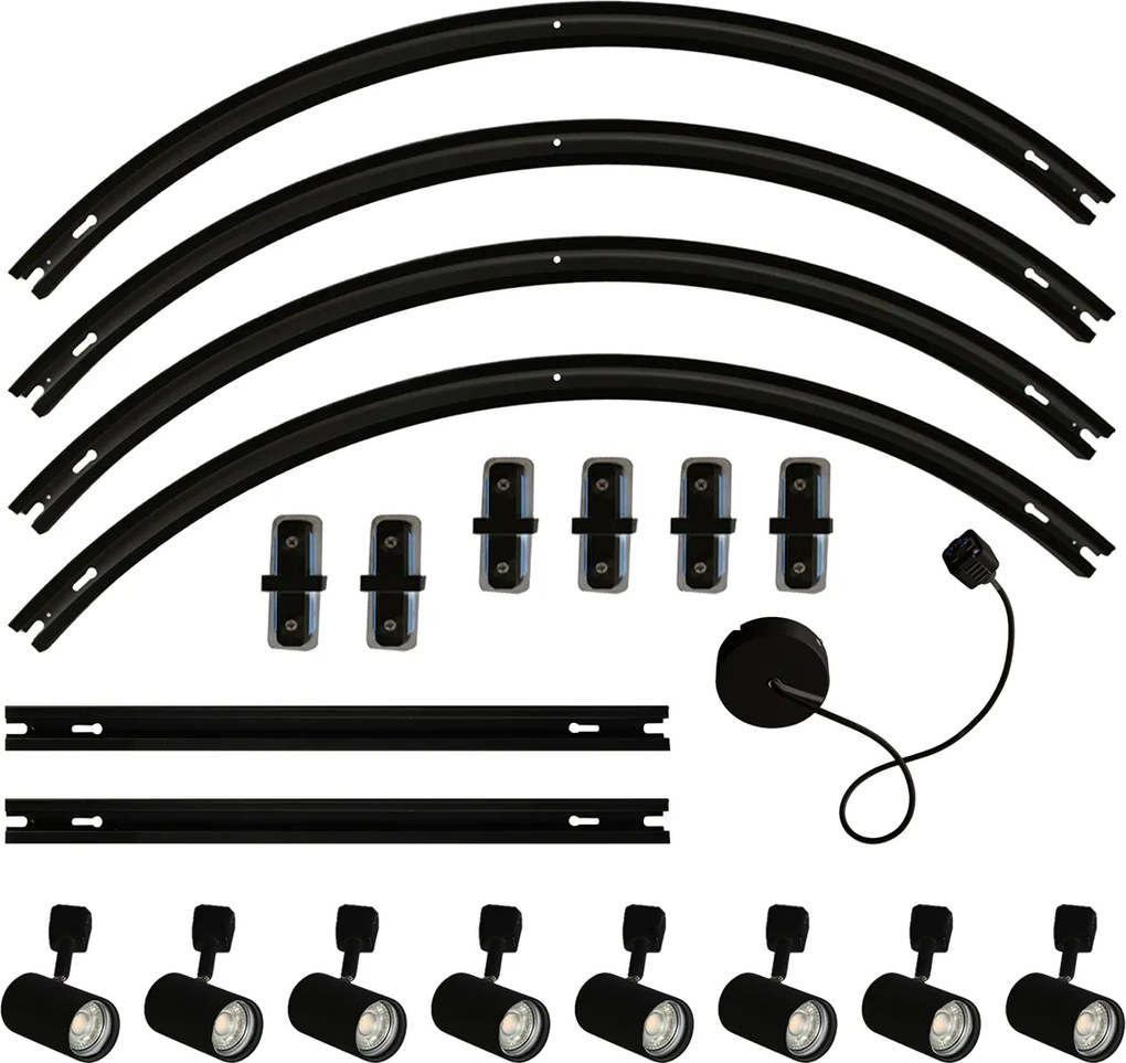 Moderní kolejnicový systém s 8 černými bodovými světly, jednofázový, oválný, 200 cm - Iconic Jeana