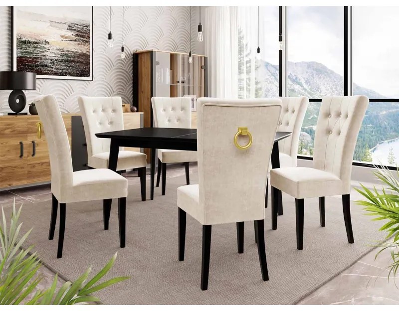 Rozkládací stůl 140x80 se 6 židlemi ST67, barva: černá, Klepadlo: zlaté, Potah: Magic Velvet 2225