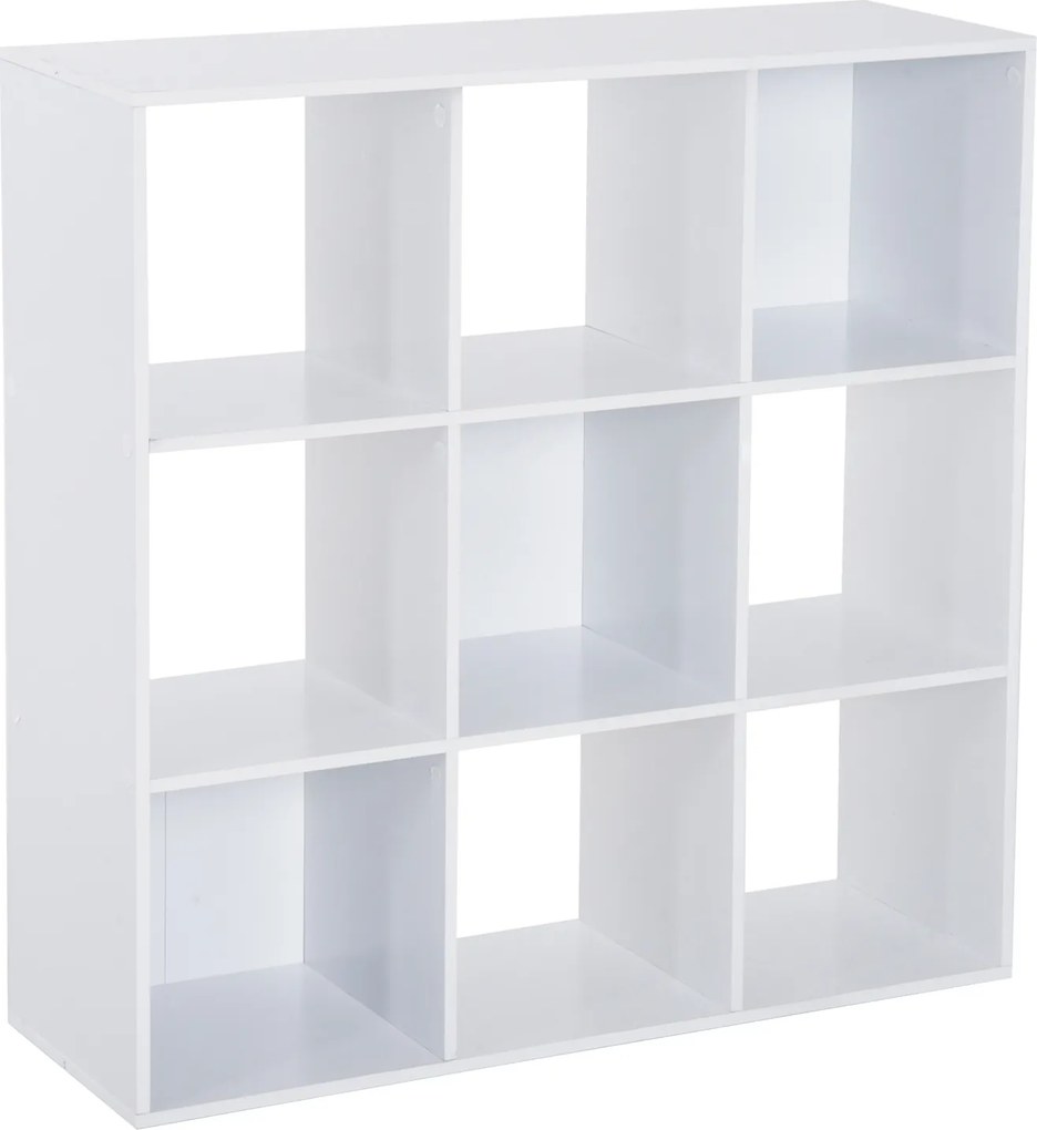 Bílá knihovna HOMCOM pro domácnost a kancelář, moderní regál s 9 přihrádkami z dřevotřísky, 91x29,5x91cm