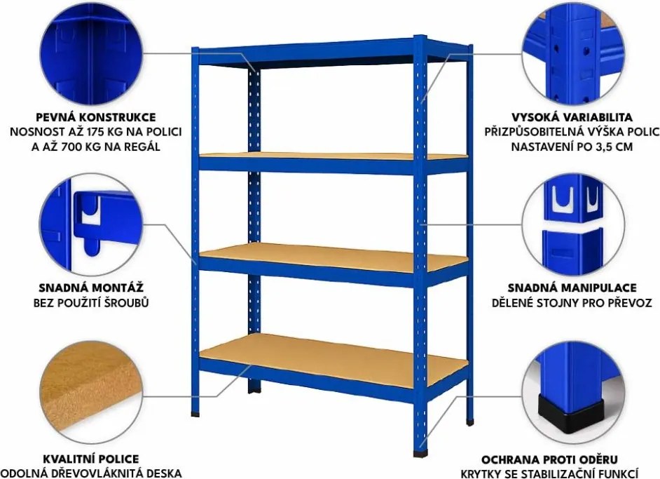 Akce 5x Regál 150x70x30 cm lakovaný 4-policový, nosnost 700 kg - modrý