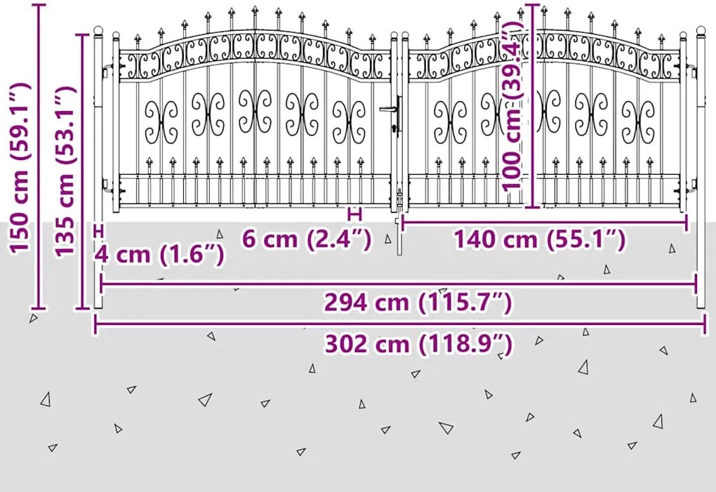 Plotová branka KAMPEN s kopím nahoře černá 302 x 100 cm ocel 151095