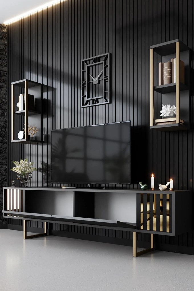 Hanah Home Obývací stěna Gold Line - Anthracite, Black, Antracitová, Černá