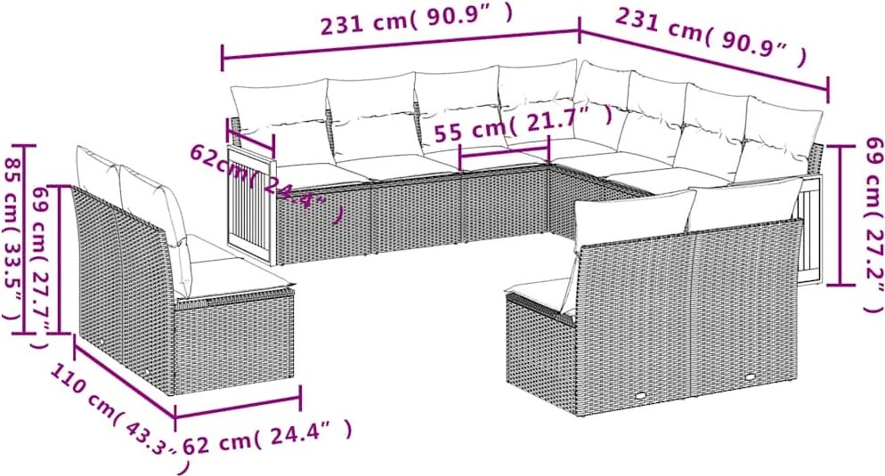 11dílná zahradní sedací souprava s polštáři černá polyratan 3227765