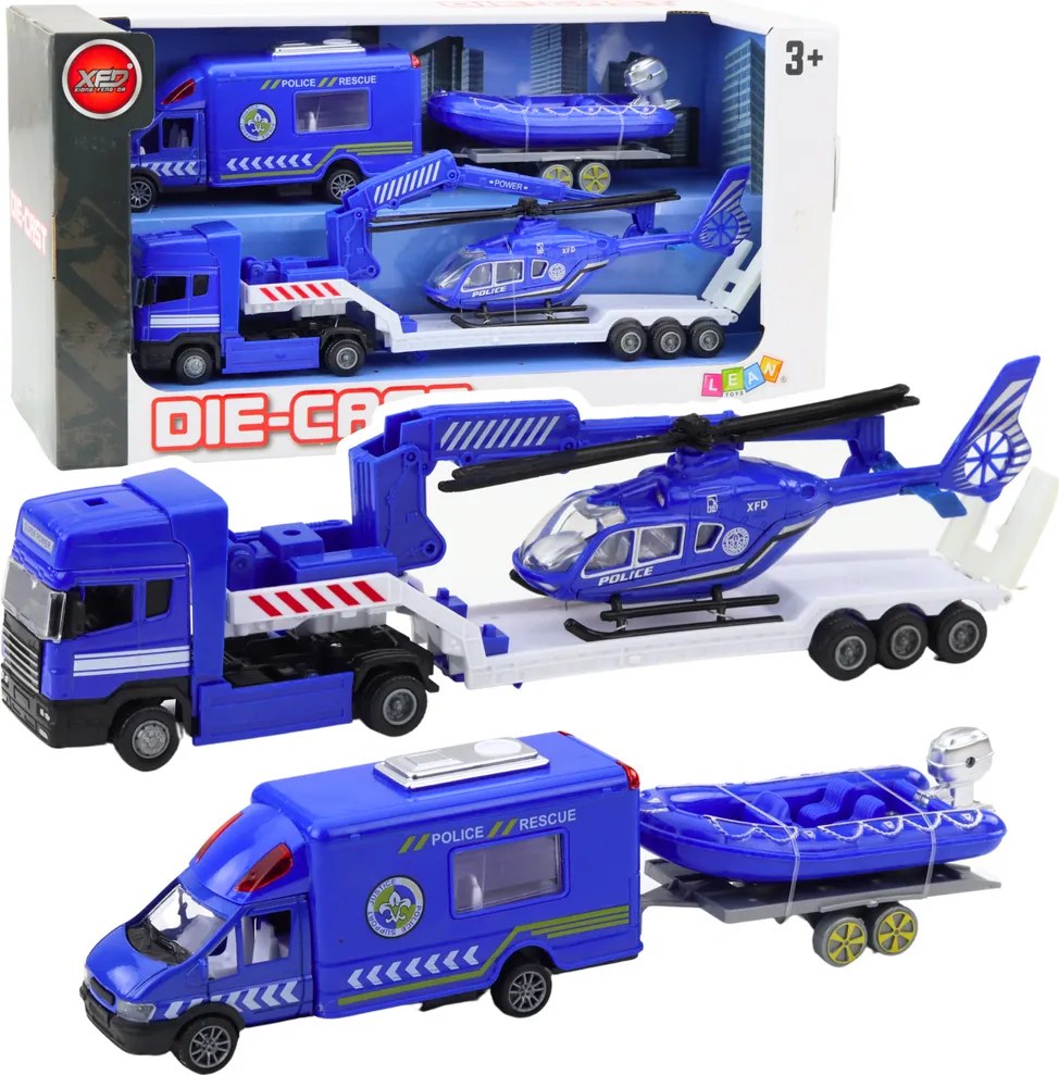 LEAN Toys Souprava: Policejní auto, záchranné vozidlo, loď, nákladní auto, vrtulník – modrá
