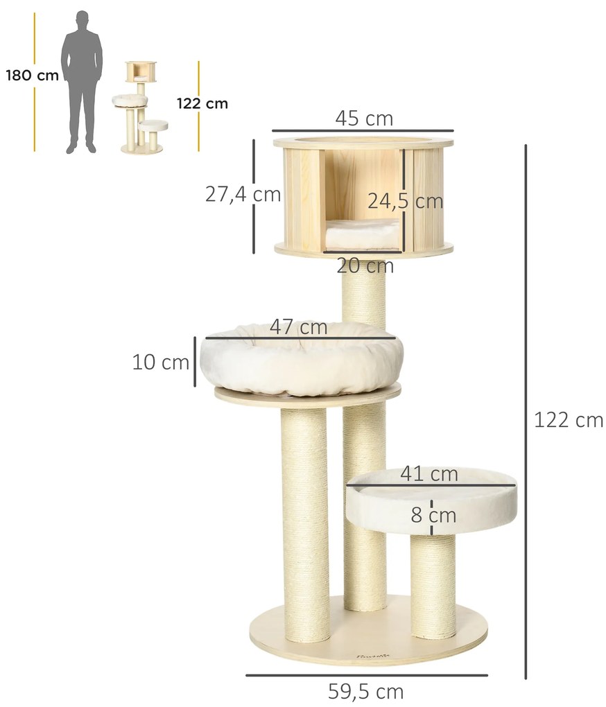 PawHut škrabadlo pro kočky s jeskyní 122 cm vysoké, tři úrovně, dřevo, sisalové sloupky, míčky na hraní pro aktivní kočky | Aosom.de