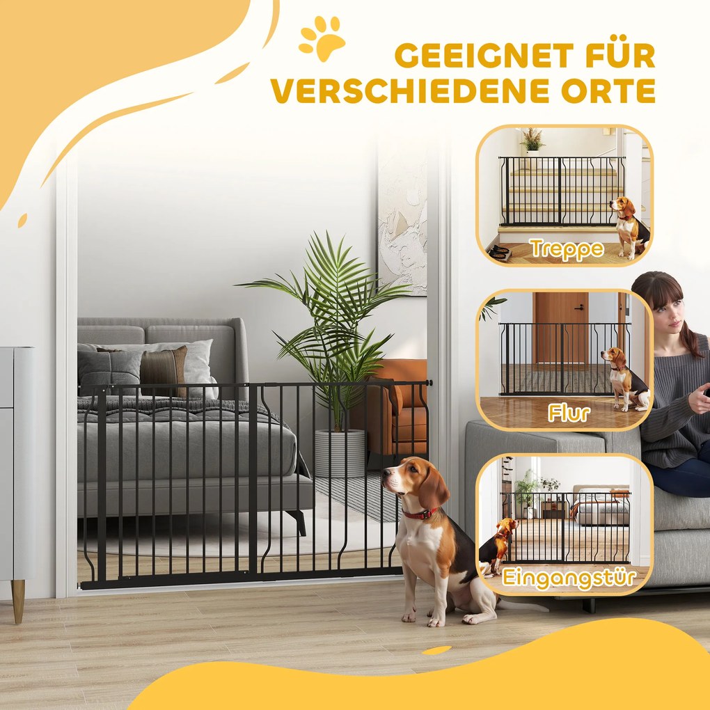 PawHut Bezpečnostní branka pro psy PawHut, 75-145 cm, nastavitelná, otevírání do dvou směrů, dvojité zamykání, montáž bez vrtání, ABS, ocel, černá| A…