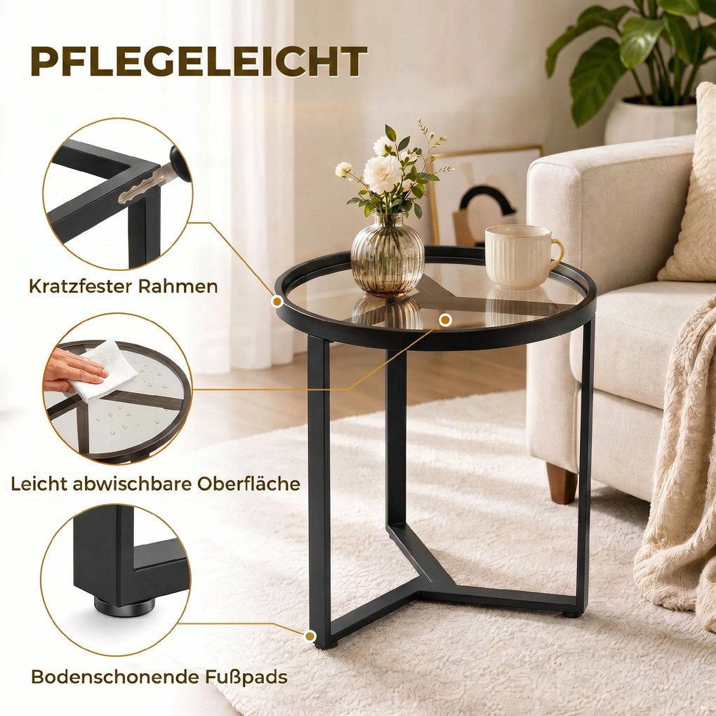 HOMCOM kulatý odkládací stolek se skleněnou deskou a geometrickým kovovým rámem, moderní doplněk do malých prostor, obývací pokoj a ložnice, černý
